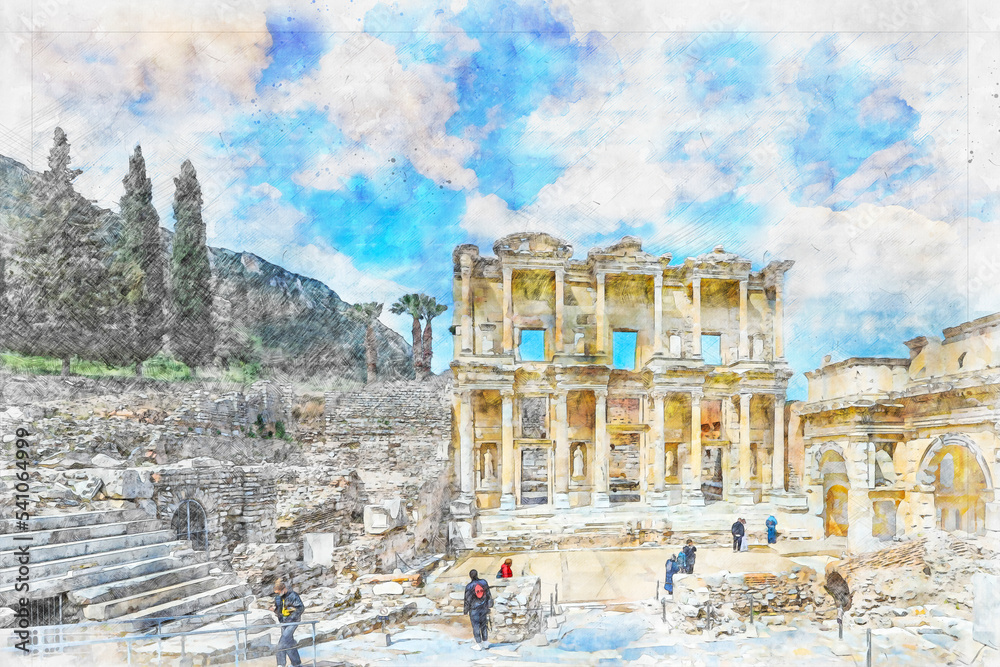 Magnificent view of the Gate of Augustus and the Library of Celsus in ...