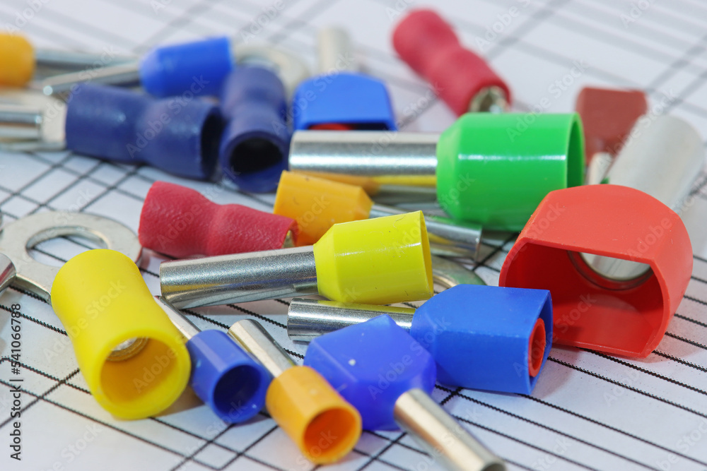 Metal tips on copper electrical wires on an electronic diagram. Stock ...