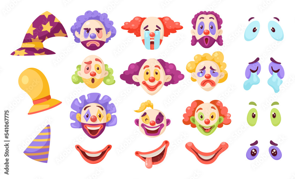 Funny cartoon clown faces and elements vector illustrations set. Facial ...