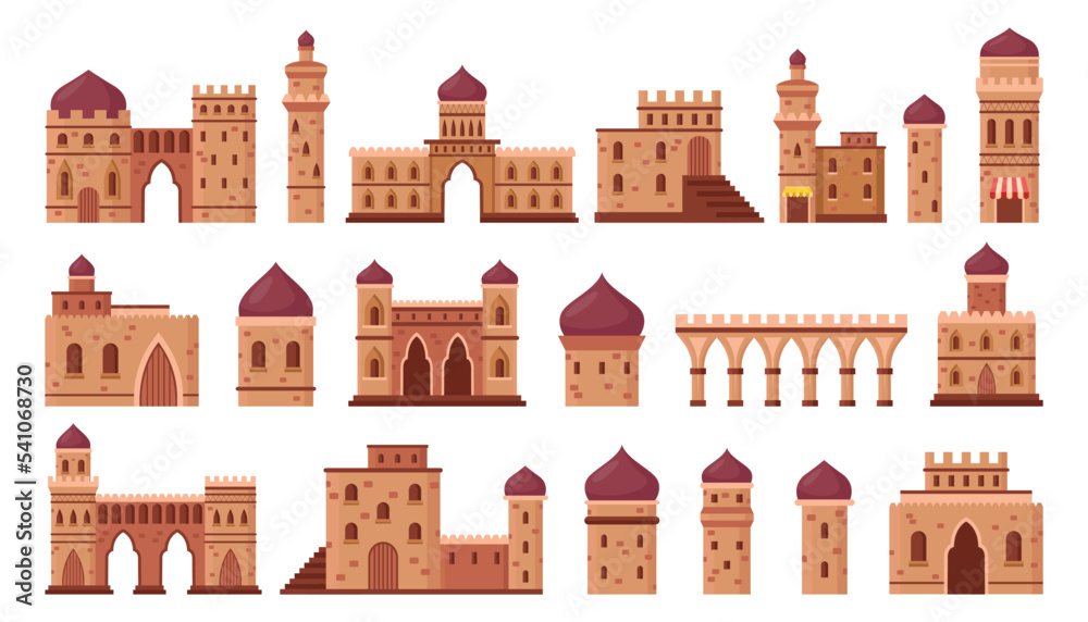 Arabian city or landscape elements vector illustrations set. Cartoon ...