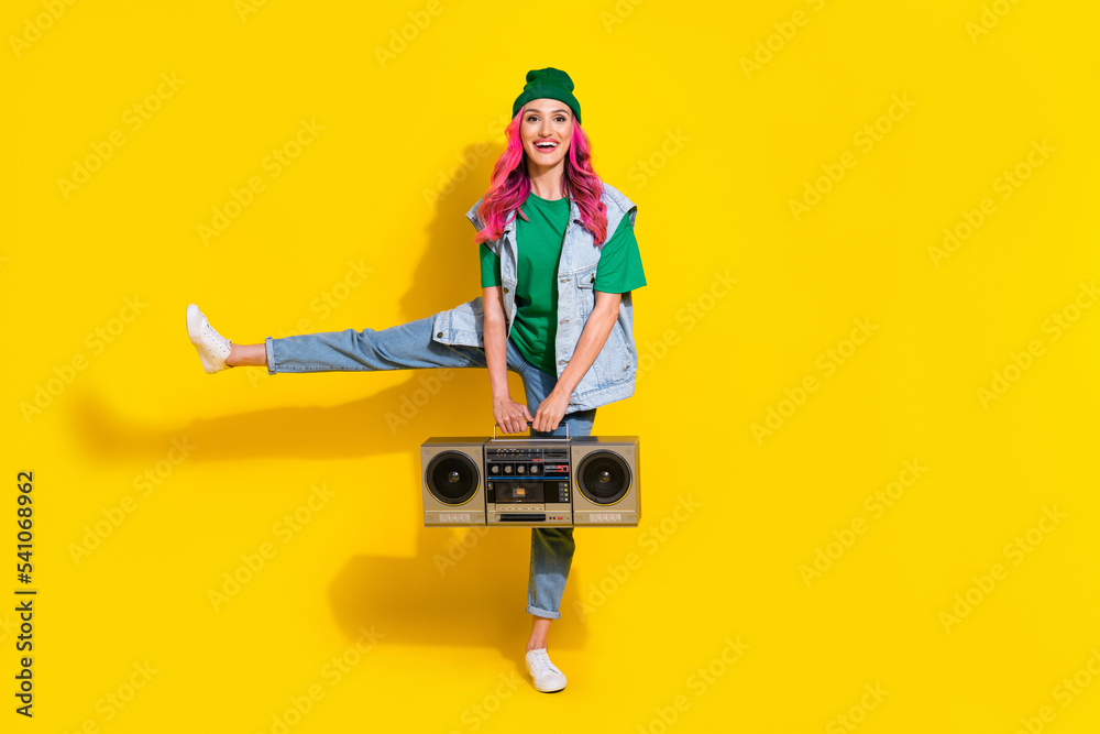 Full length photo of excited pretty girl dressed denim vest dancing ...