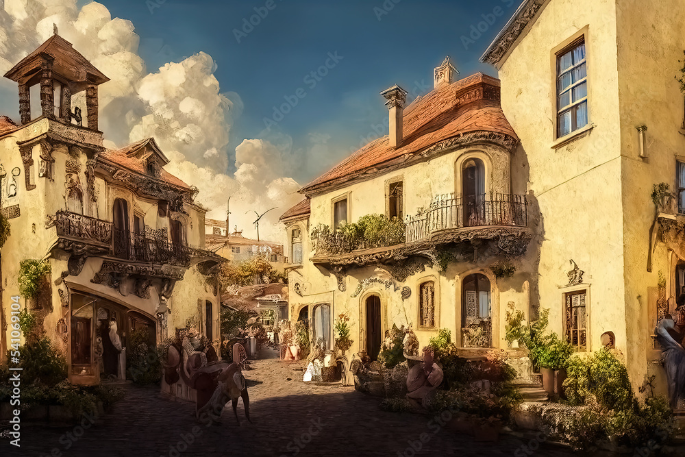 Concept art of beautiful renaissance medieval tavern on a sunny day ...
