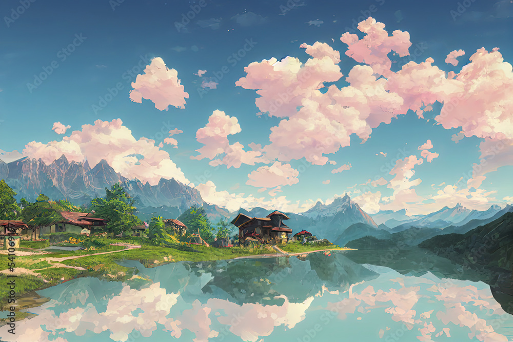 Illustration in style of anime cartoons of mountains and green fields ...