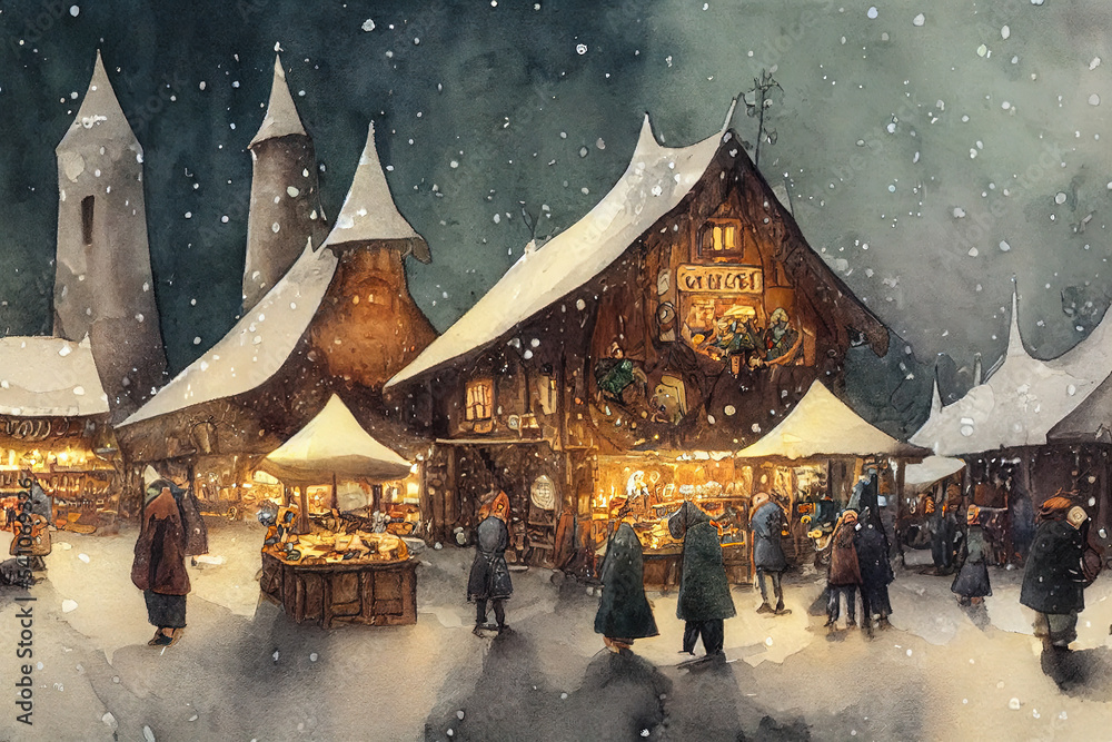 Watercolour Christmas market a holiday celebration of a medieval town ...