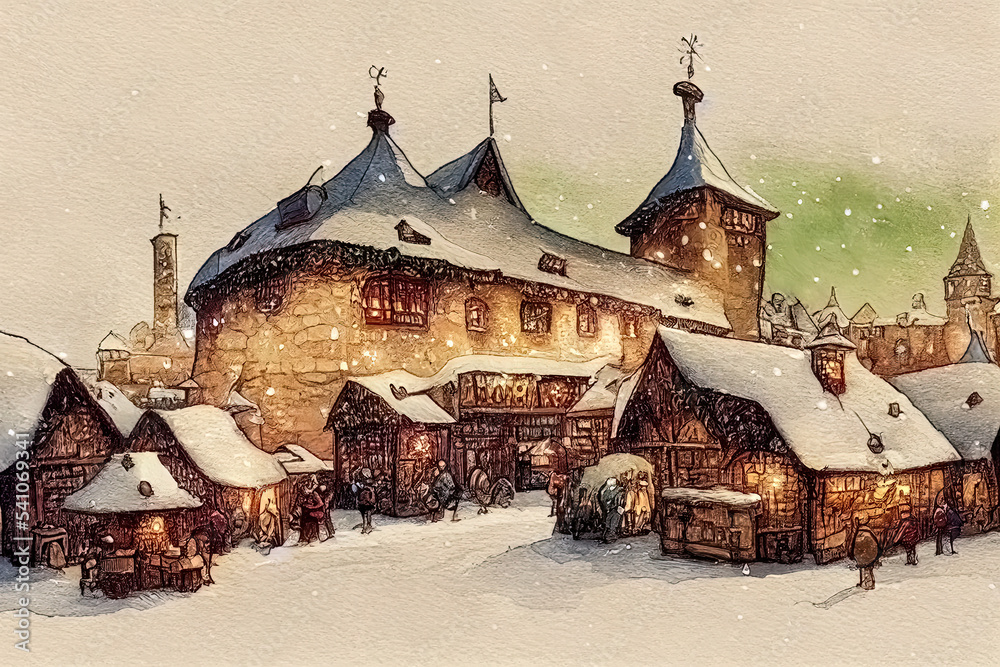 Watercolour seasonal Christmas holiday celebration of a medieval town ...