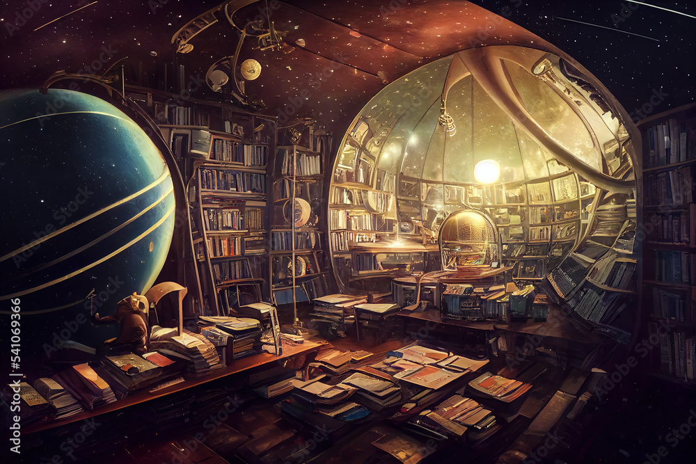 A vintage planetarium. Starry ceiling with library book shelves full of ...