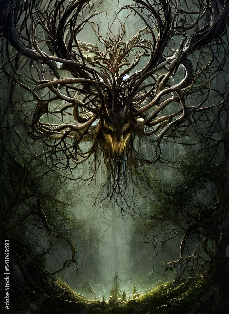 spirit of nature with biomechanical antlers. dystopian forest ...