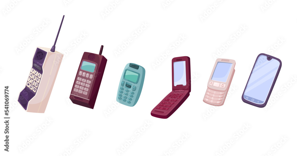 Cellphones evolution cartoon illustration set. Different mobile phones ...