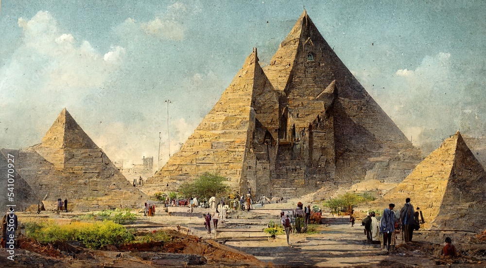 Ancient Egyptian city with dwellers and giant pyramid. Arab people ...