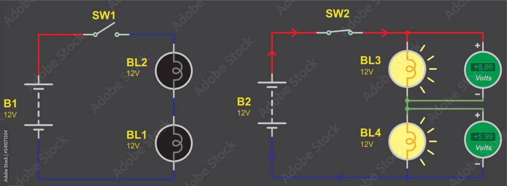 Vector schematic diagram of electrical circuit with lamp, constant ...