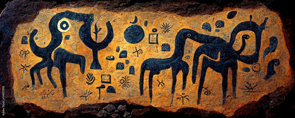 Stylized petroglyph cave art with mural symbols and prehistoric signs ...