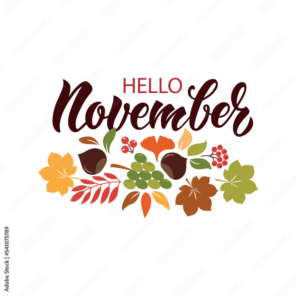 Hello november handwritten phrase. Hand lettering and colorful ...