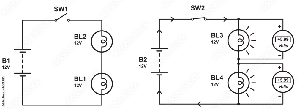 Vector schematic diagram of electrical circuit with lamp, constant ...