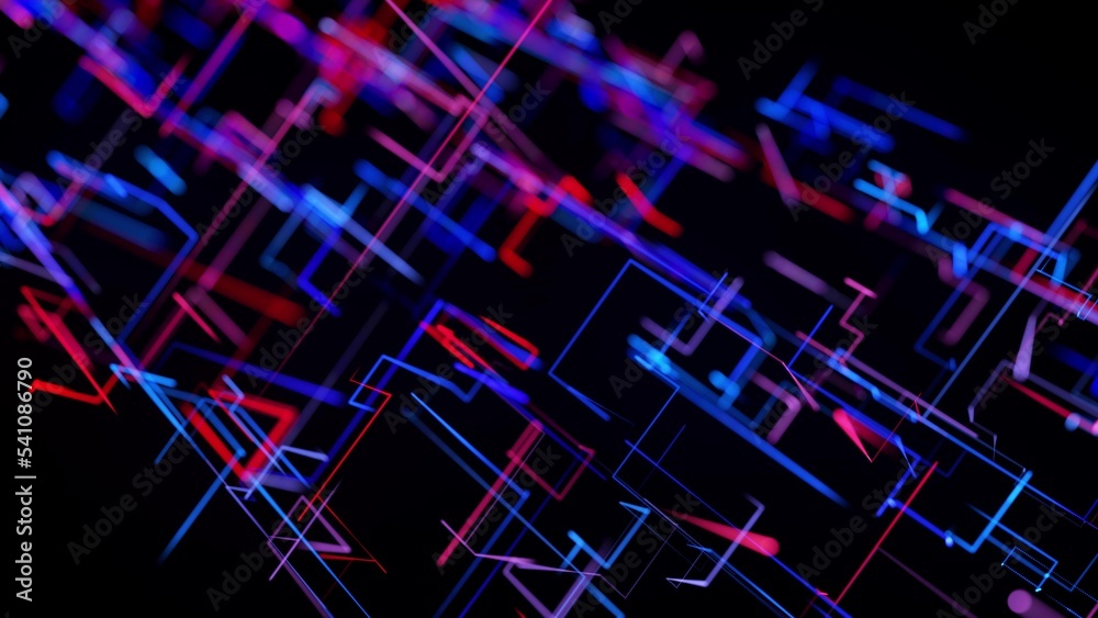 Motion graphics, sci-fi bg with flow of blue red neon glow lines form ...