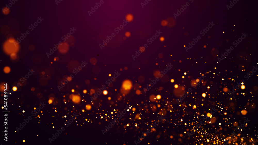 Golden red glow particles flicker and float in viscous liquid with ...