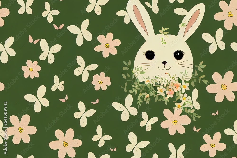 Cute bunny in Spring Bloomy flourish garden with many butterflies 2d ...