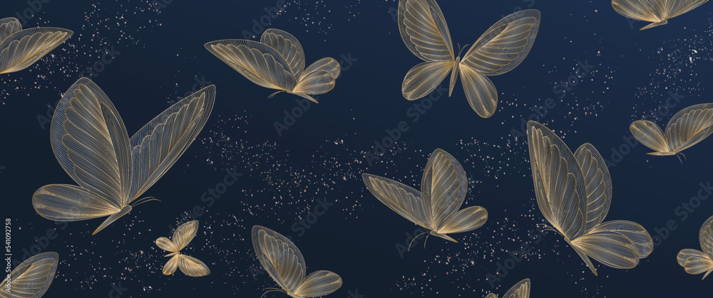 Dark blue luxury art background with butterflies in golden line style ...