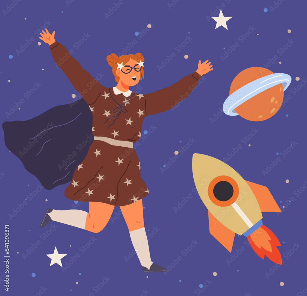 Astronaut woman with jet backpack flying among planets and rockets ...