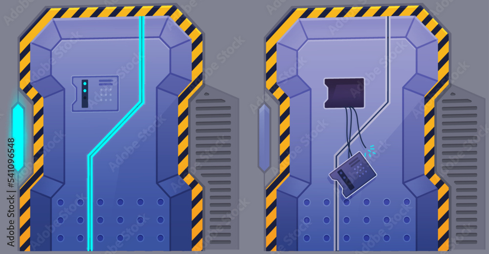 Vetor de Futuristic hallway with broken combination lock panel elevator ...