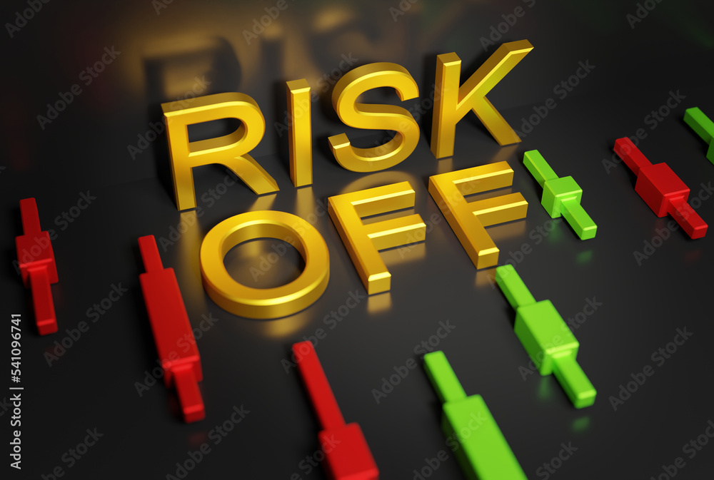 Risk off sign on a dark background with a graph of growth and decline ...