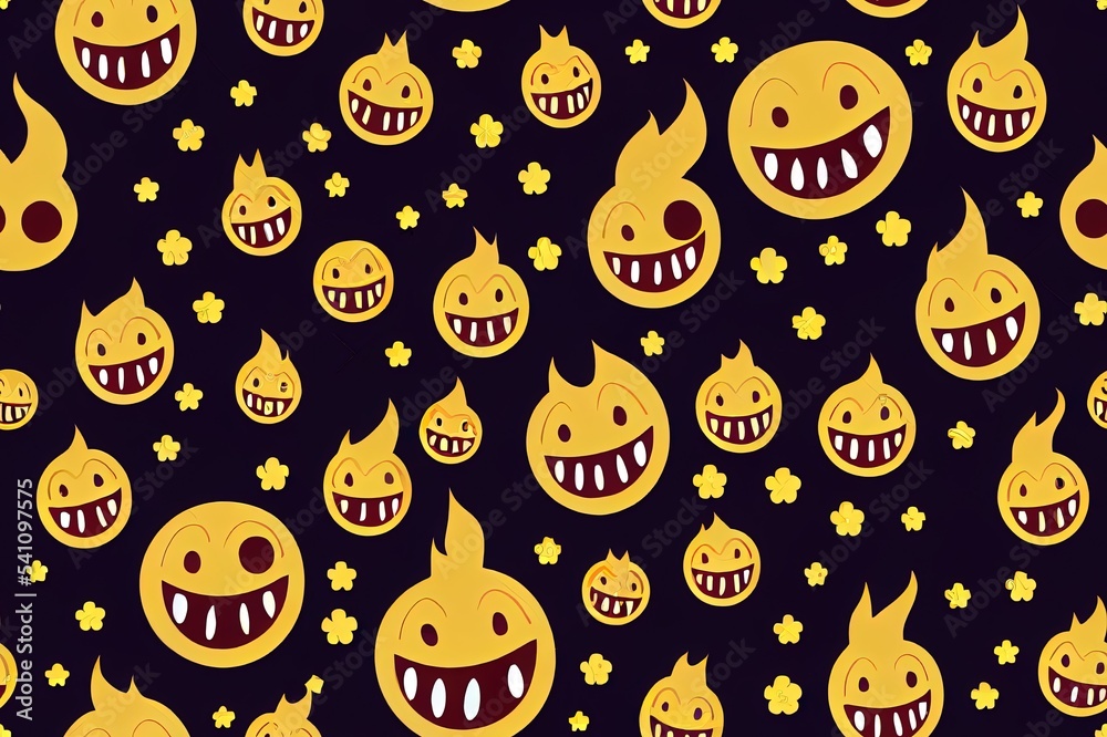 Funny smile face with demon horns and hell fire seamless pattern.2d ...