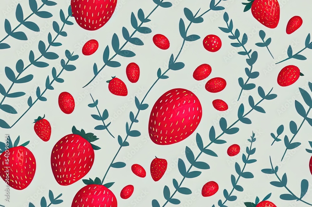 Strawberry Background with flowers, wild berries, leaves. 2d ...