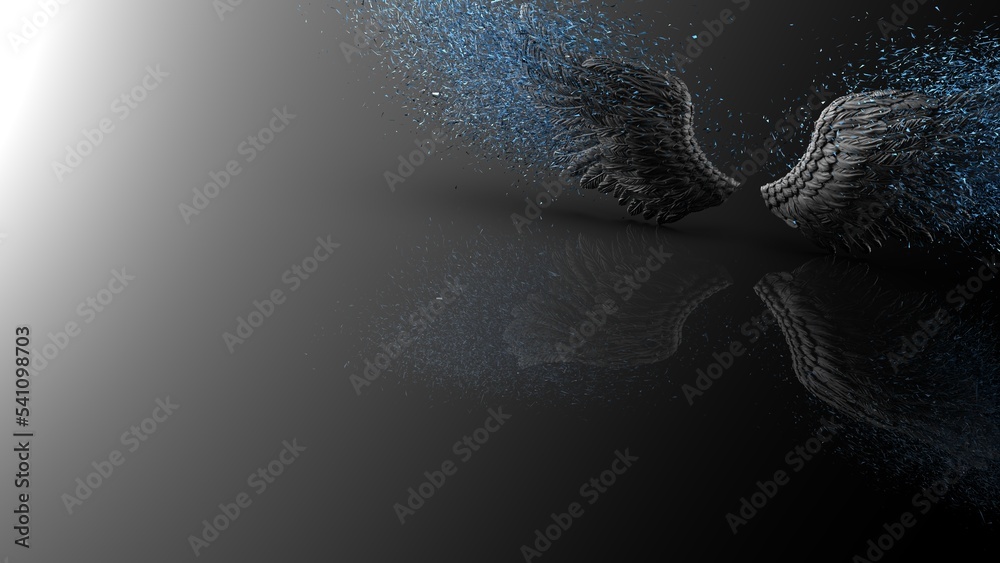 Black wings with blue particles under black-white lighting background ...