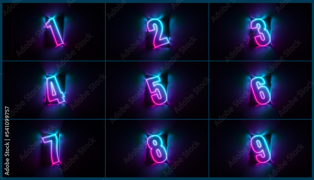 3d render, collection of neon numbers from one to nine, digital symbols ...
