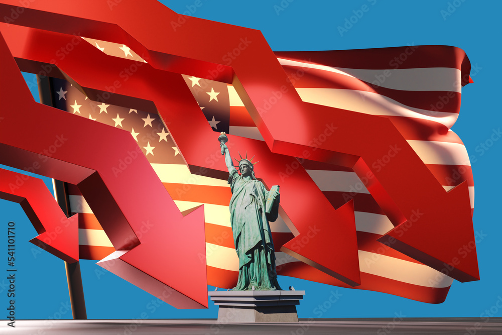 Decline in USA GDP growth. Red arrows down. Statue of Liberty America ...