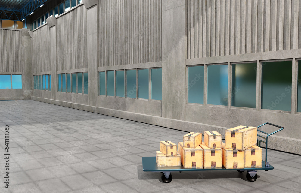 Trolley with boxes. Empty warehouse with old boxes. Cargo cart inside ...