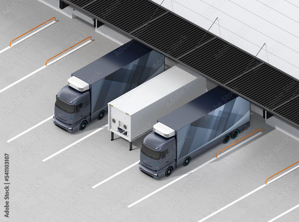 Isometric view of electric trucks with reefer container and single ...