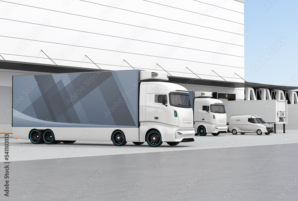 Blue electric truck with reefer container and single container trailer ...