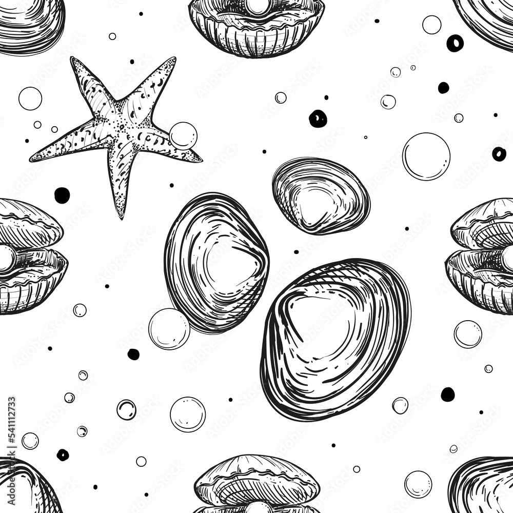 Detailed hand drawn black and white illustration seamless pattern of ...