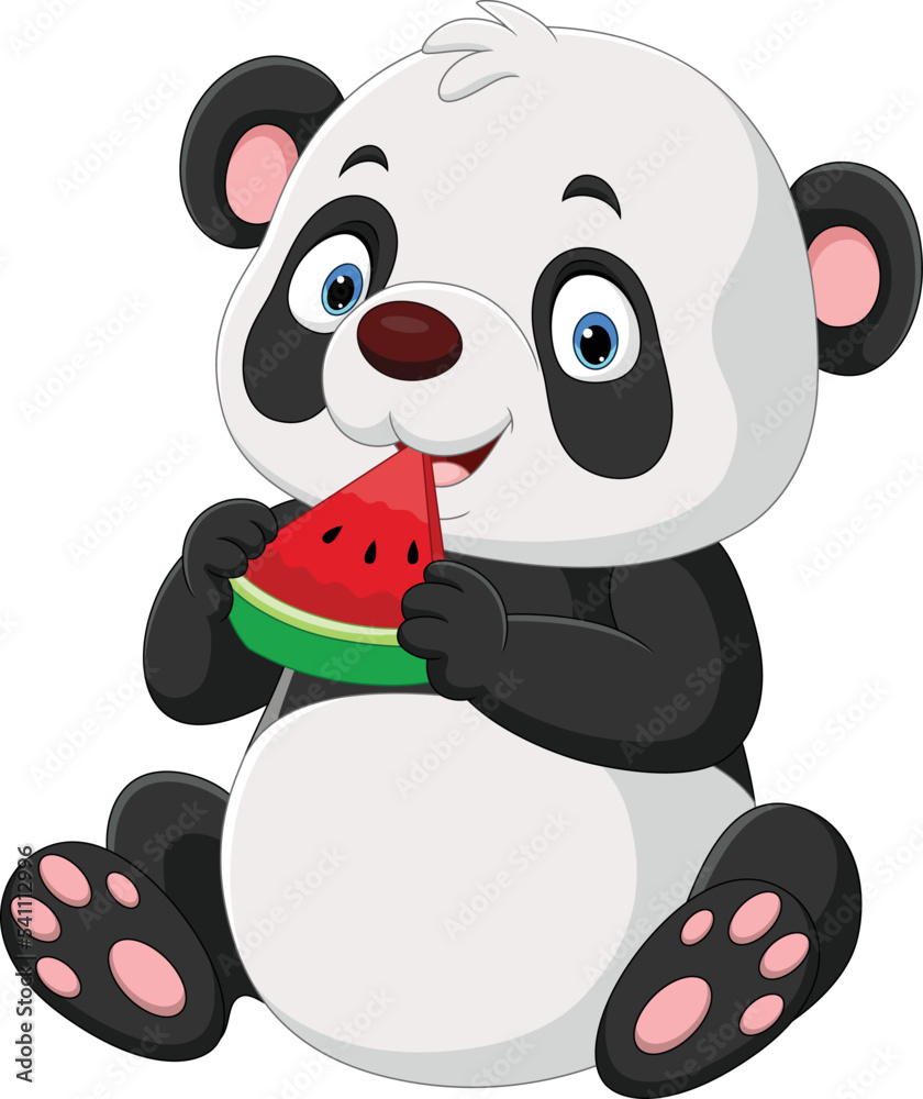 Cartoon funny panda eating watermelon Stock Vector | Adobe Stock