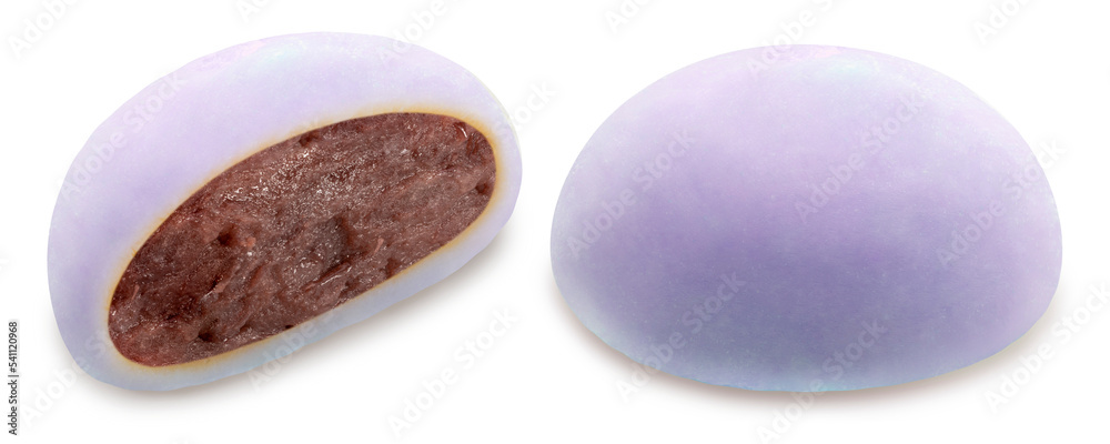 Purple Mochi dessert with red bean paste isolated on white background ...