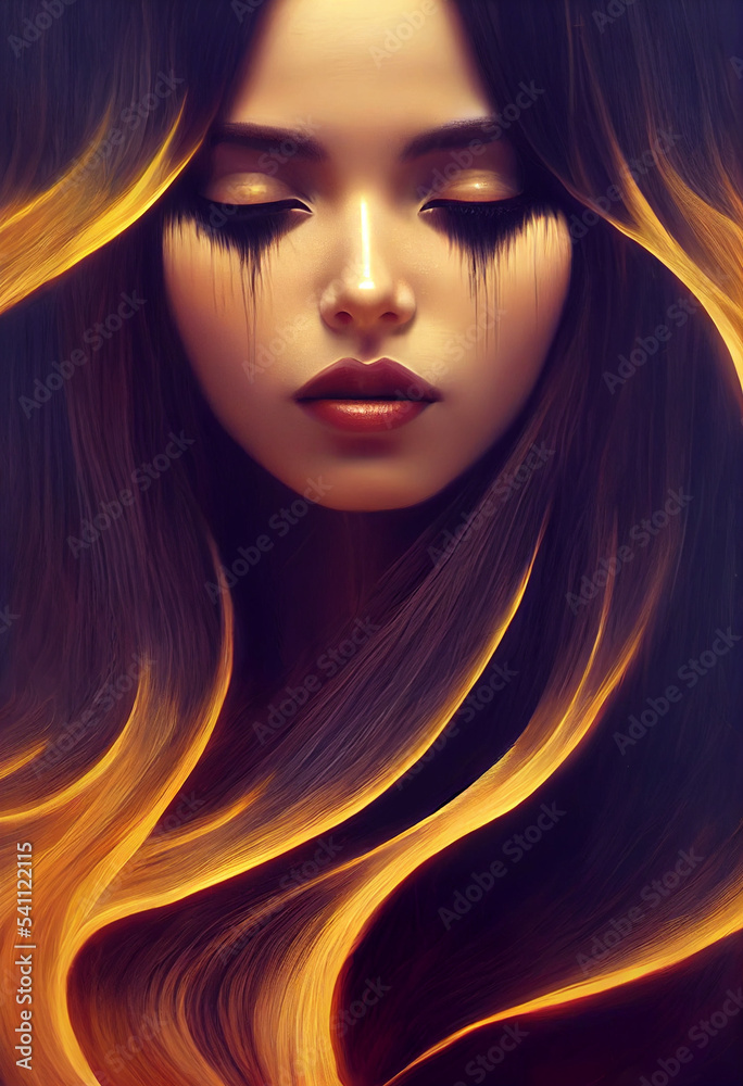 ภาพประกอบสต็อก Beautiful Woman With Running Mascara And Flames In Her