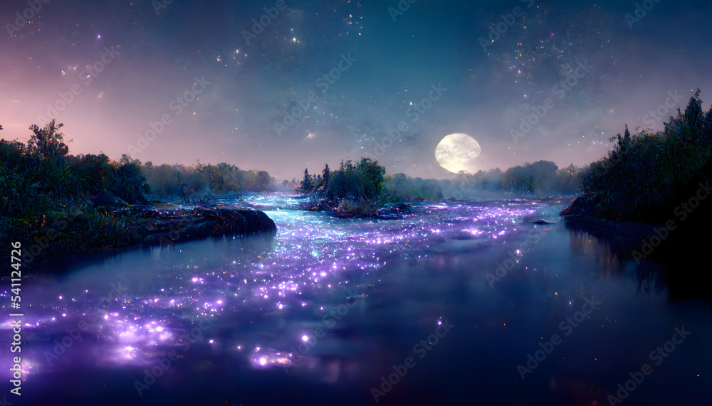 magical night river landscape with bioluminescent blue water, purple particles, starry sky and ...