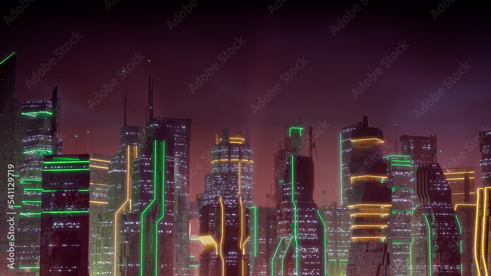 Cyberpunk Cityscape with Orange and Green Neon lights. Night scene with ...