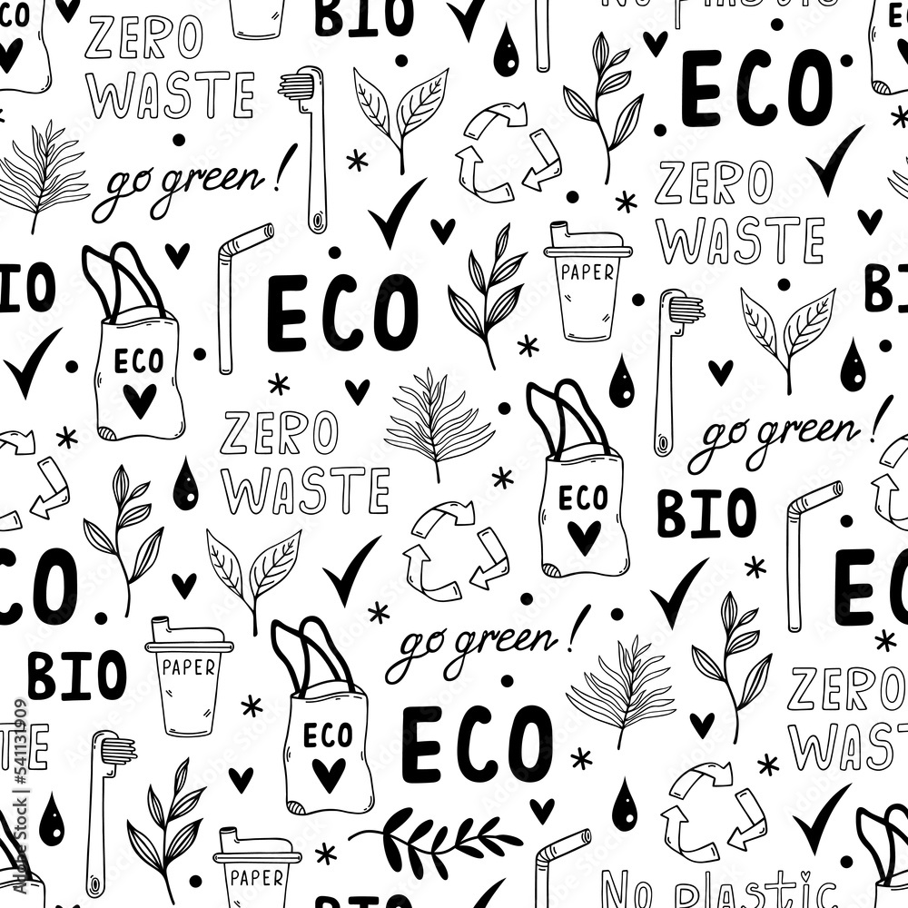 Eco doodles seamless vector pattern. Symbols of environmental care ...