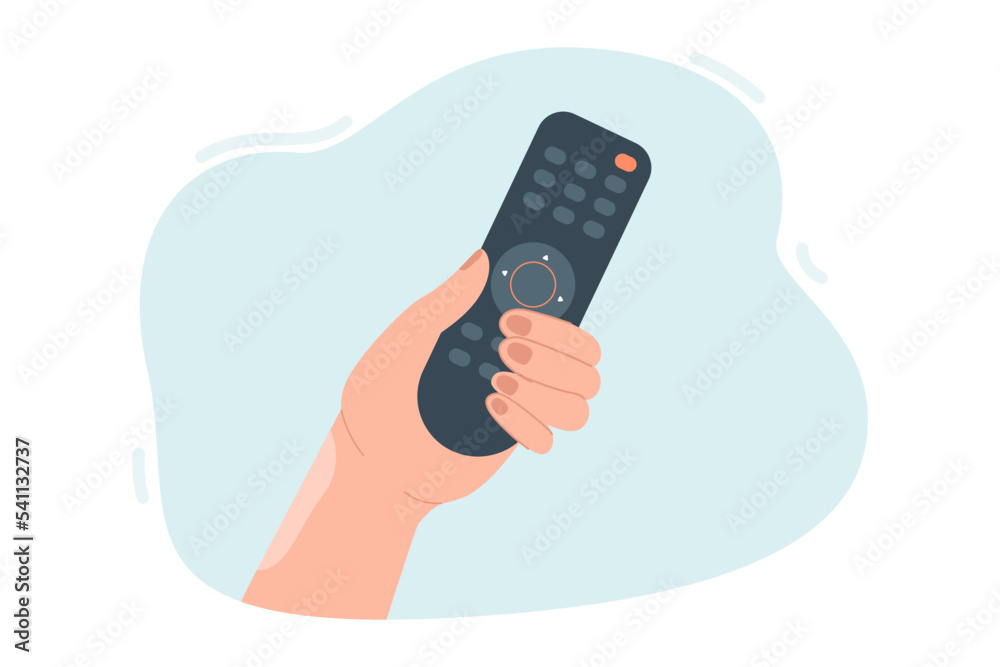 TV remote control in hand flat vector illustration. Person switching ...