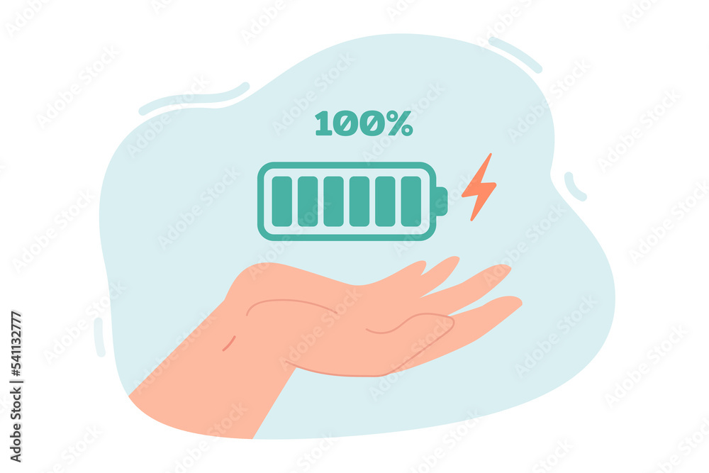 Human hand holding battery with high charge indicator. Full energy ...