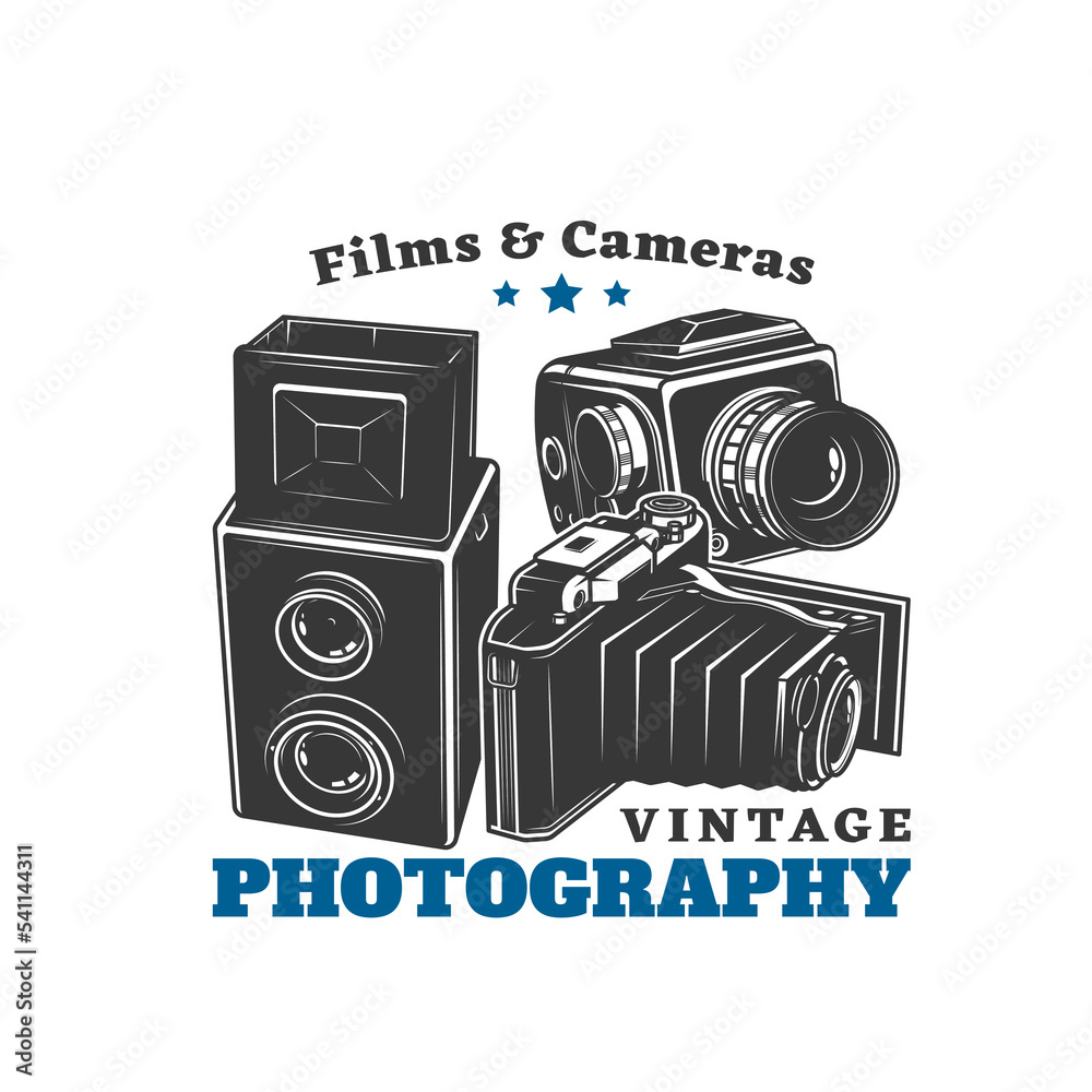 Vintage photography icon, retro photo cameras and films, vector emblem ...