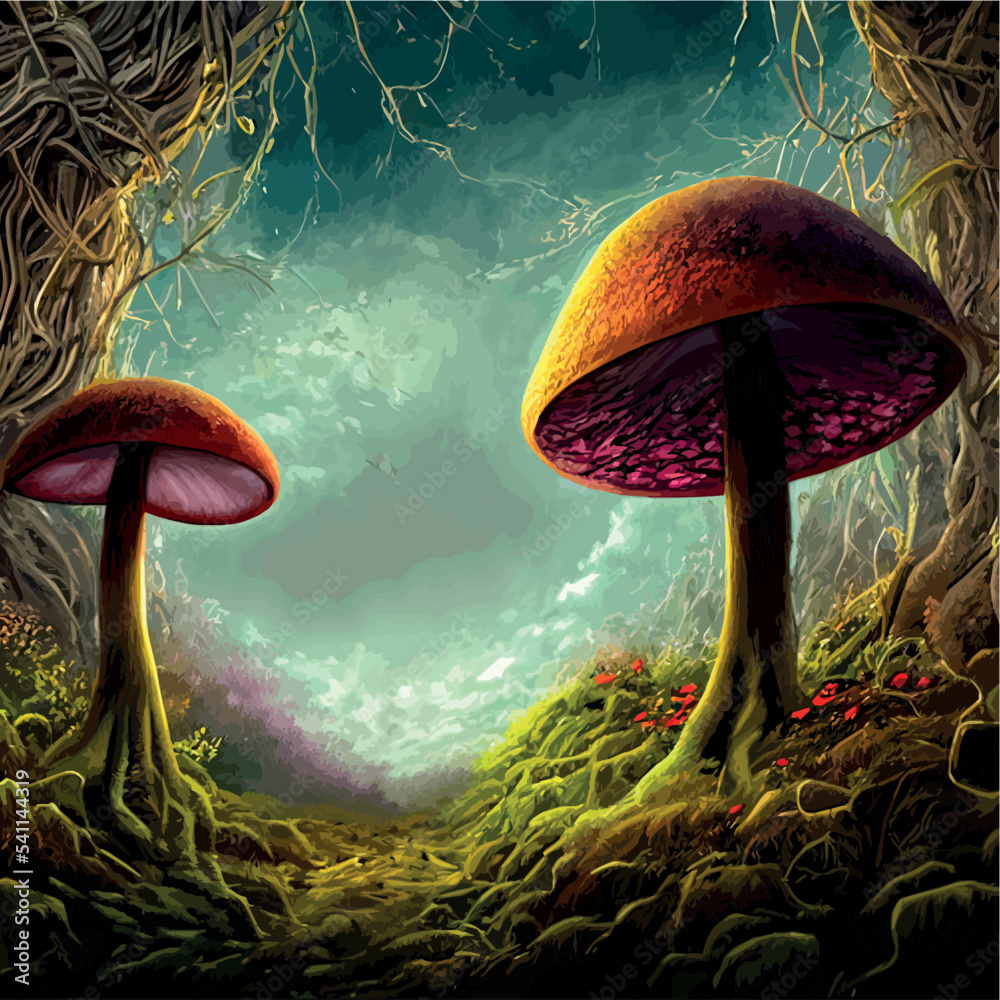 surreal mushroom landscape, fantasy wonderland landscape with mushrooms ...
