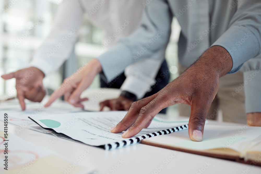 Business people, hands and documents in team collaboration for planning ...