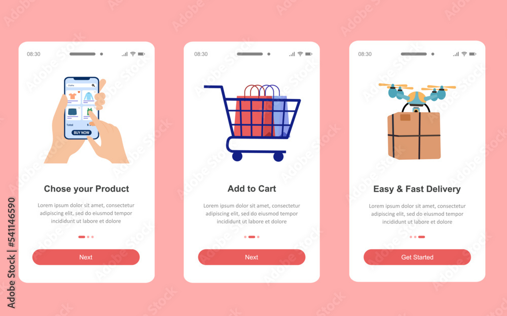 Onboarding screens for online shopping app for mobile or responsive ...