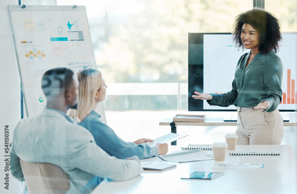 Presentation, marketing and employees in meeting, planning and working ...