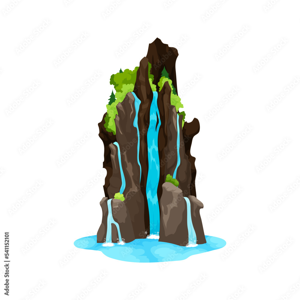Cartoon waterfall and water cascade. Vector splashing streams and jets ...