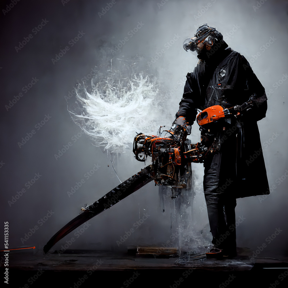 man with a black leather jacket welding a giant sword with a chainsaw ...