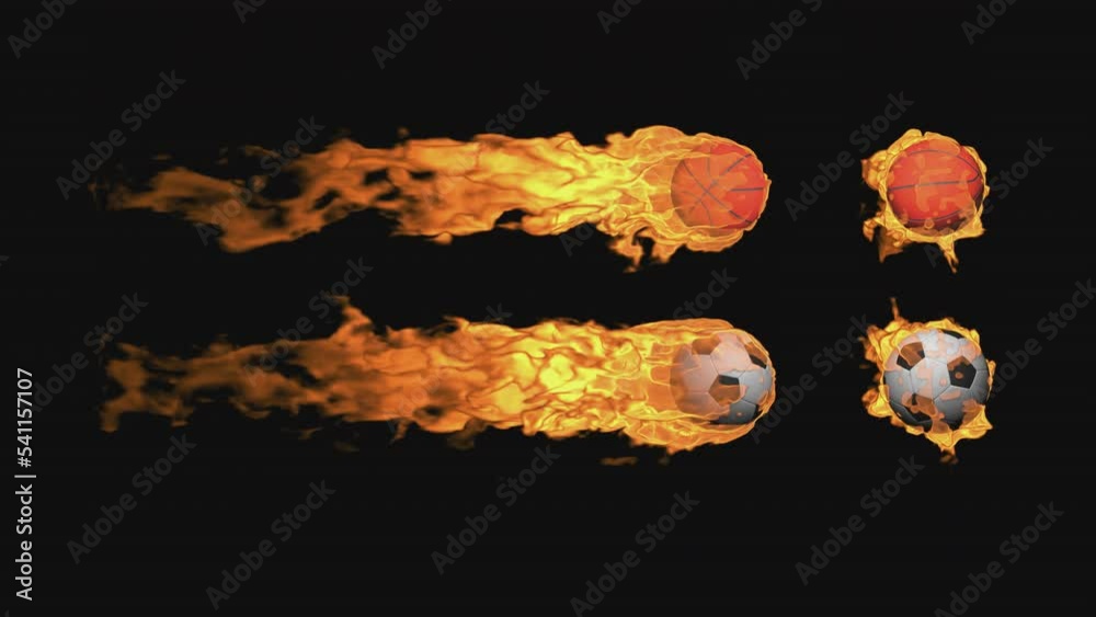 Football and basketball balls fly and burn on a transparent background ...