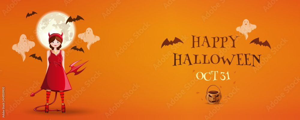 Halloween banner design. Cute girl in a red carnival costume of the ...